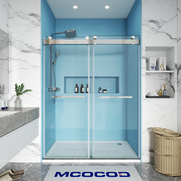 MCOCOD 48" W x 76" H x 2/5" THK Tempered Glass Double Smooth Sliding Frameless Shower Door with ...